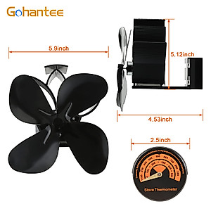 gohantee Heat Powered Stove Fan 4 Blades, Flue Pipe Hanging Fireplace Fan for Wood Logs Burners Fireplace Eco Friendly Efficiently Wood Stove Pipe Fan with Thermometer