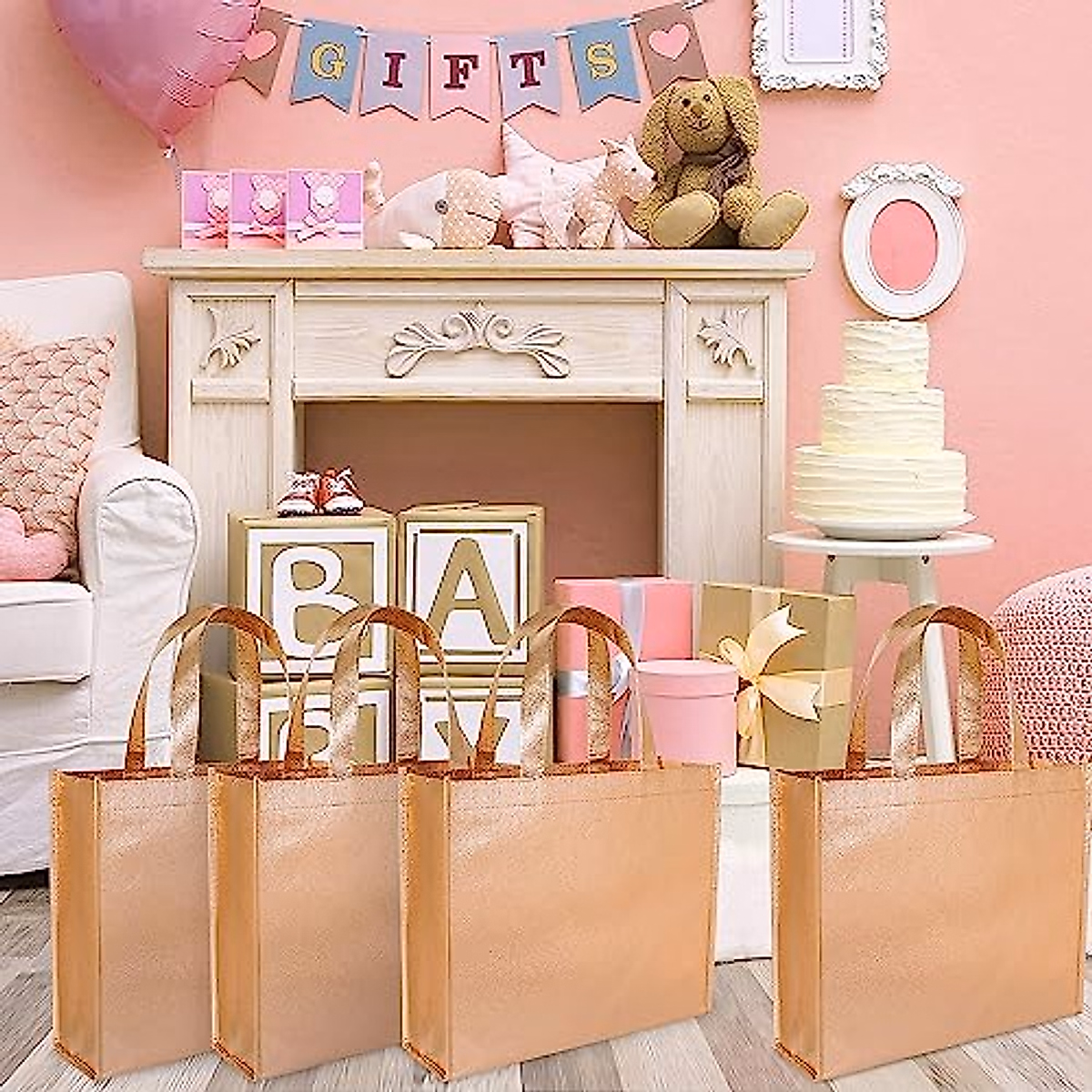 PHOGARY 12 Large Gift Bags with Handles, Stylish Tote Bags for Birthday Wedding Party Favor Christmas Present Wrap, Reusable Glossy Grocery Bags, non-woven fabric (Rose Gold)