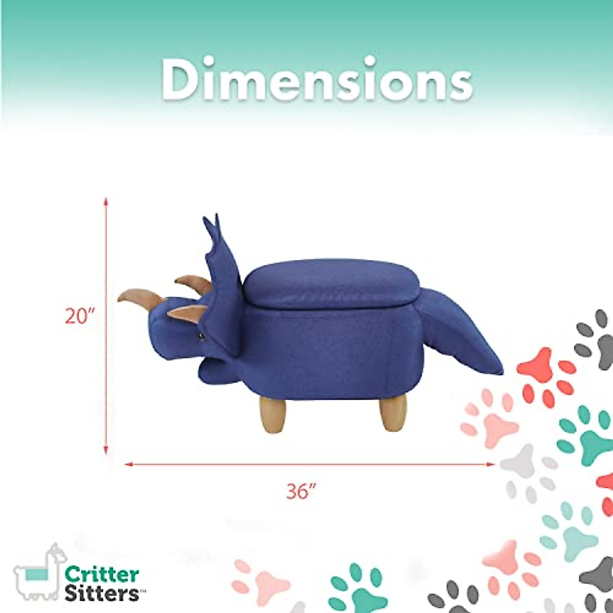 Critter Sitters 15-In. Seat Height Denim Blue Triceratops Dinosaur Animal-Shaped Storage Ottoman for Nursery, Bedroom, and Playroom, Multifunctional, Durable, and Fun Footstool for Kids and Toddlers