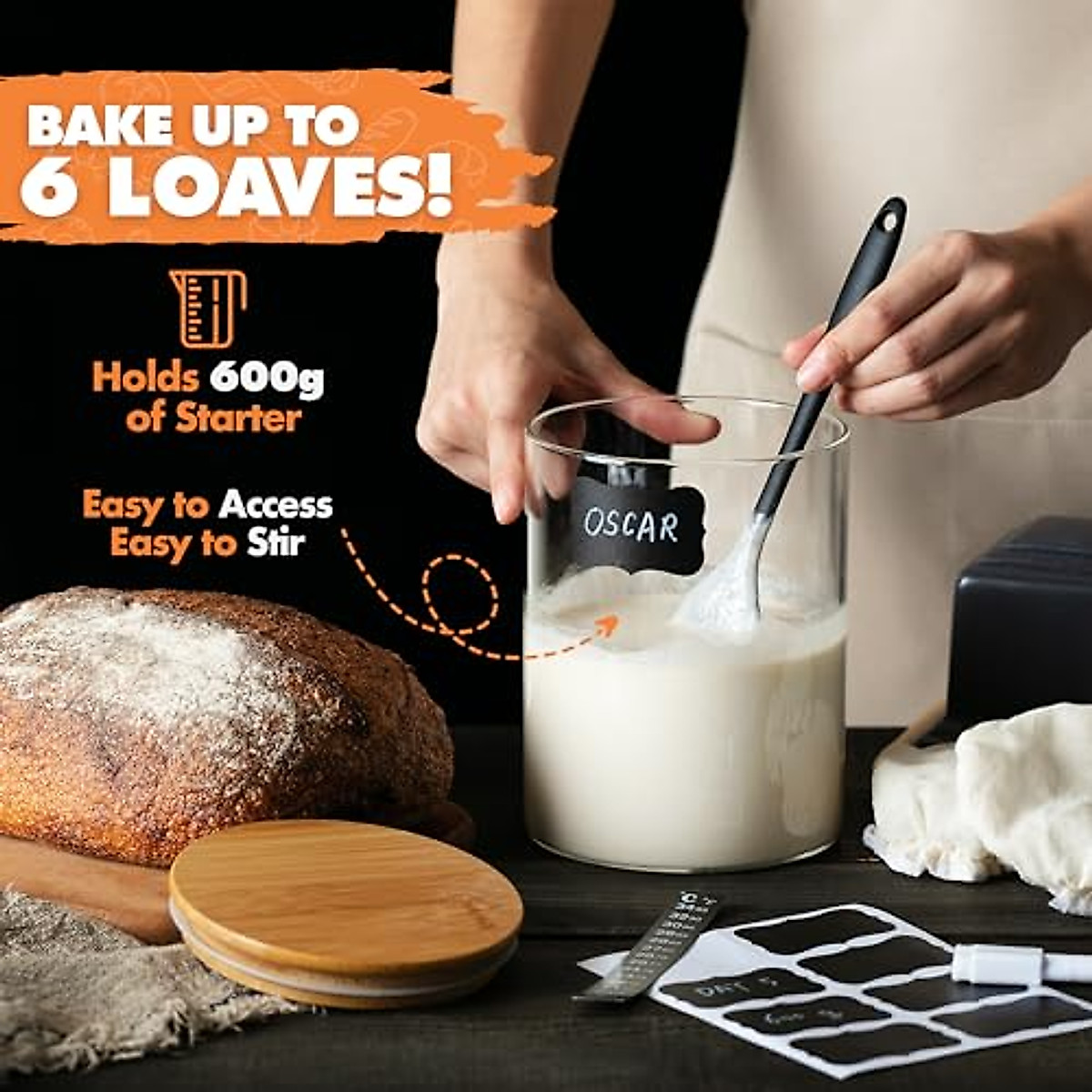 Oscar's Bakery- Sourdough Starter Jar Wide Mouth- Glass Sourdough Crock with lid- 40 oz. Sourdough Starter kit with Accessories & Recipe. Sour dough Container for making Bread (Starter Not Included)