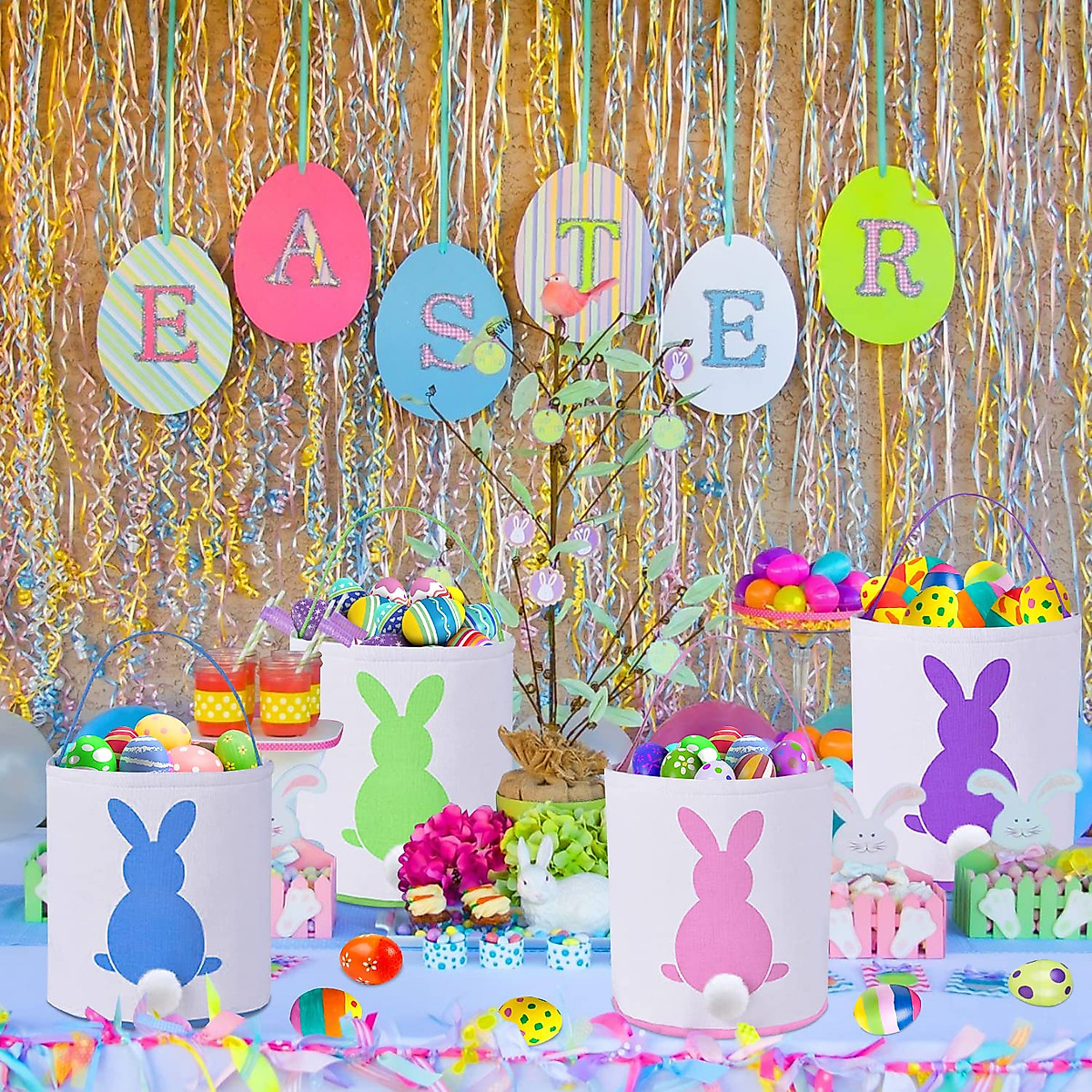8 Pack Easter Bunny Bags Rabbit Ear Easter Baskets Easter Egg Hunt Basket for Kids Bunny Canvas Tote Gifts Bags Candy Bags Canvas Rabbit Fluffy Tail Basket Buckets Easter Egg Hunt Party Decorations