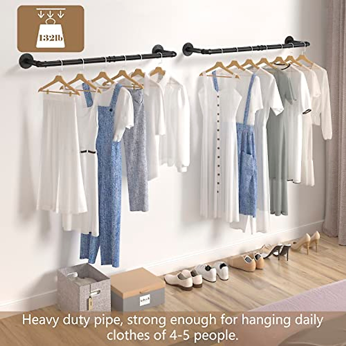 Elibbren 2 Pack Clothing Rack Wall Mount, Industrial Pipe Clothing Rack 38.4IN, Hanging Clothes Rack,Heavy Duty Iron Garment Rack Bar for Closet,Laundry Room, Multi Purpose Hanging Rod,Black