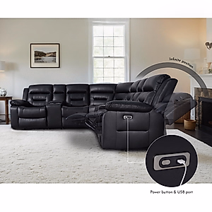 Power Recliner Sectional, Faux Leather Power Reclining Sectional Couch, Modular Livingroom Furniture Sets with 2 Storage Console & 4 Cup Holders (Black)