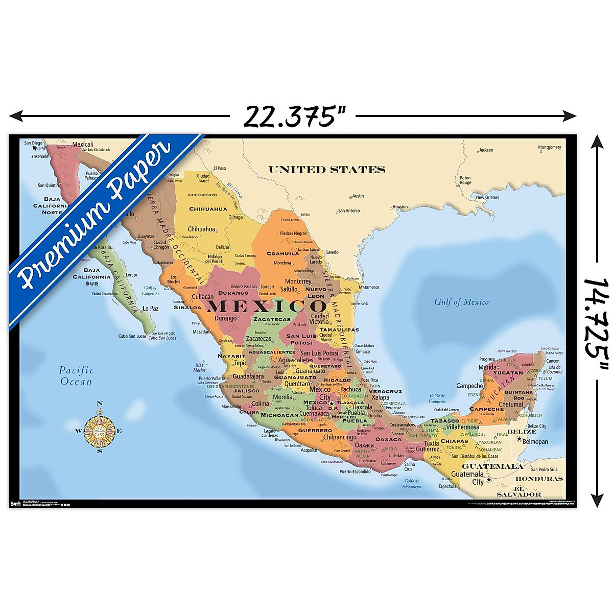 Trends International Map - Mexico Wall Poster, 14.725" x 22.375", Premium Poster & Mount Bundle