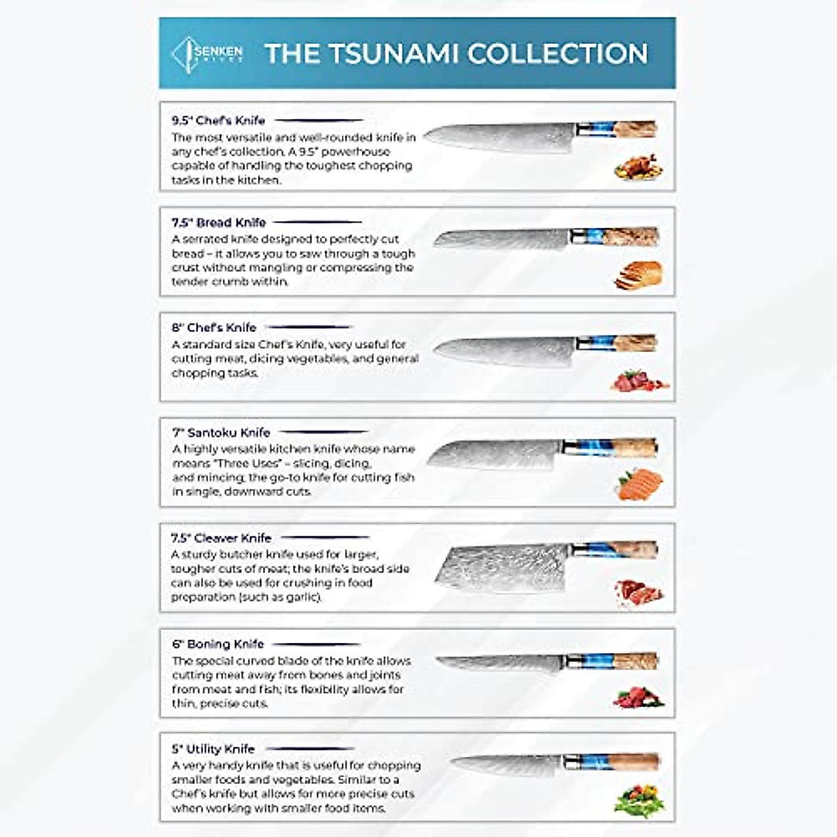 SENKEN 7-Piece Damascus Kitchen Knife Set - Tsunami Collection - 67-Layer Japanese VG10 Steel - Chef's Knife, Cleaver Knife, Bread Knife, Santoku Knife, Boning Knife, & More, Luxury Gift Box