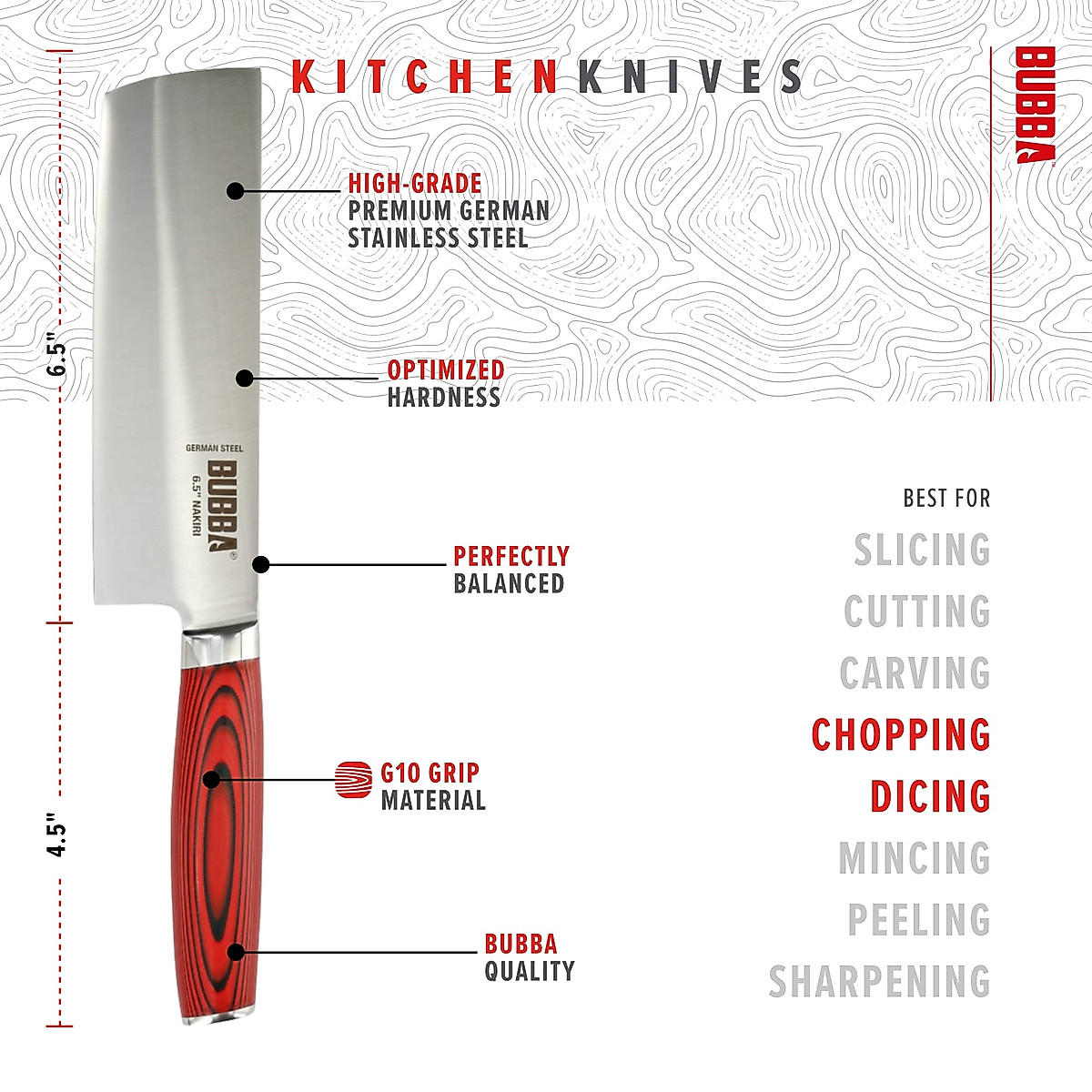 BUBBA Kitchen Series 6.5" Nakiri Knife, an All-Purpose Kitchen Knife for Chopping, Mincing, Slicing, and Dicing with a Premium German Steel Blade for All Your Kitchen Needs