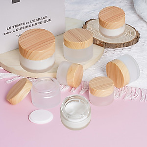 Miayon 6Pcs Glass Cosmetic Container with Wood Grain Lid Refillable Cosmetic Jar Frosted Glass Cream Container with Leak-proof Lid Empty Sample Jar for Makeup,Lotion,Eye Creams,Scrub Cream,Home Travel