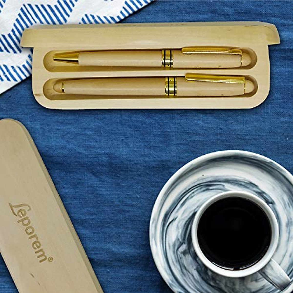 Ballpoint Pens - Handcrafted Twist to Open Wooden Ball Pen and Luxurious Smooth Writing Classic Executive Business Elegant Signature Gel Pen with Cap, Set of 2 in Luxury Wooden Gift Box by Leporem