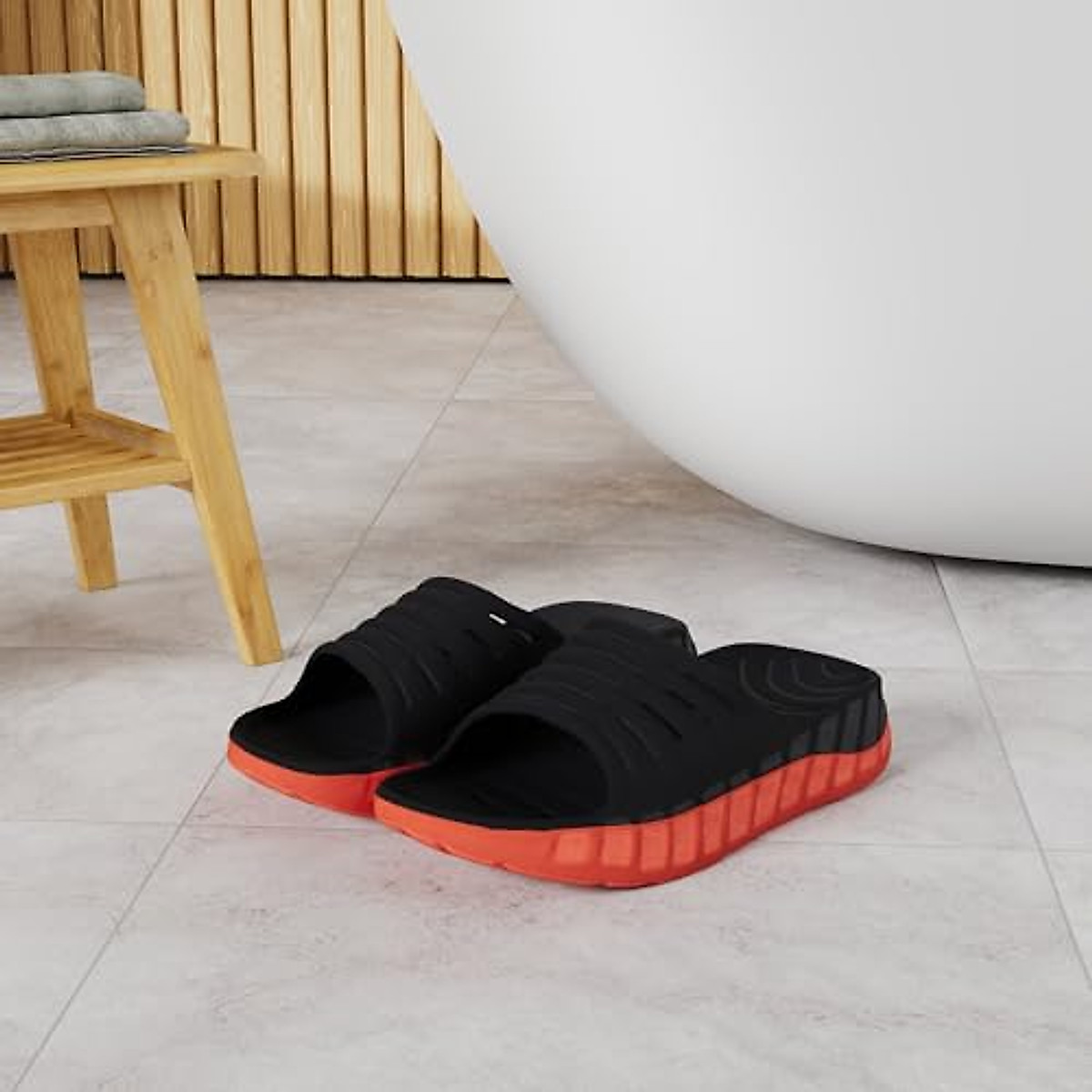 KuaiLu Mens Recovery Walking Sandals Sport Comfort Cushion Athletic Slides Orthotic Plantar Fasciitis Open Toe Slip On Wide Width Thick Foam Sandles Summer Pool Beach Slippers Black Red Size 10