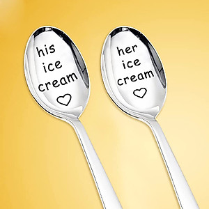 His and Her Ice Cream Spoons for Couples, Boyfriend Girlfriend Birthday Wedding Anniversary Christmas Gifts for Wife Husband Stainless Steel Couple Engraved Spoon Set 2Pcs