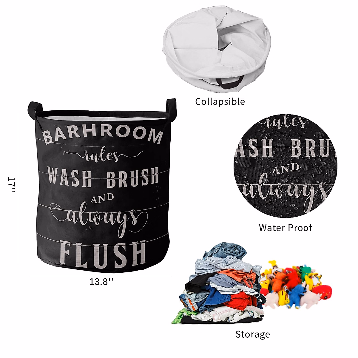 Bathroom Rule Black White Oxford Cloth Laundry Hampers, Simple Black Wood Board Laundry Basket for Bedroom, Laundry and Bathroom, 13.8"W x 17"L