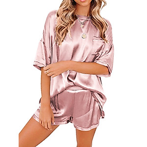 LYANER Women's Satin Silky Pajama Set Short Sleeve T-shirt With Shorts Set Pjs Loungewear Rosy Pink Medium