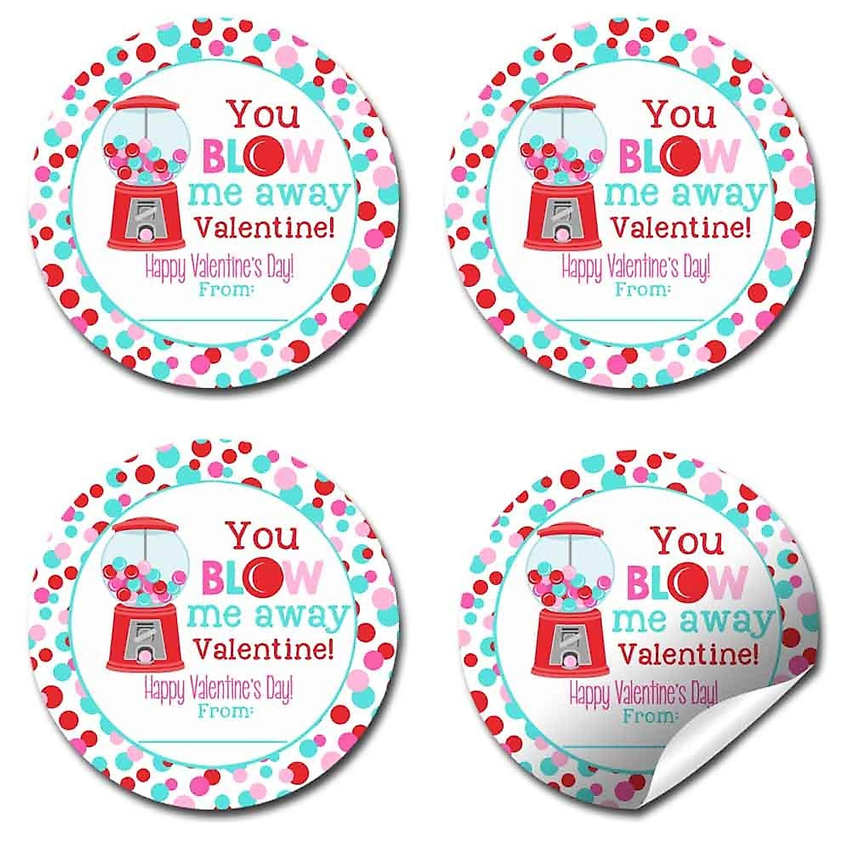 You Blow Me Away Bubble Gum Valentine Party Favor Sticker Labels for Kids, 40 2" Party Circle Stickers by AmandaCreation, Great for Classroom Valentines, Envelope Seals, Gifts & Treats