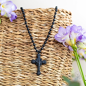 Conscious Items - Black Obsidian Necklace - Sacred Armor: Black Obsidian Cross of Faith and Protection - Pearl Necklace with Cross - Chakra Cross Necklace - Cross Necklace for Men