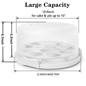 HOYA PONYOO Portable Cake Carrier with Handle, Round Cupcake Holder with Lid, Plastic Storage Container Box fit 10 inch Cake, 3-Locking Muffin and Pies Keeper with Cover (White)