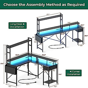 Huuger L Shaped Desk Gaming Desk with LED Lights & Power Outlets, Computer Desk with Storage Shelves, Corner Desk Home Office Desks for Bedroom, Black