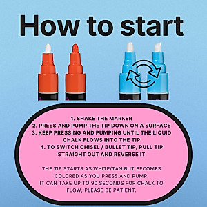 MoodClue liquid chalk markers for glass, mirrors, windows, car windshields, auto, white boards, glass boards, chalkboards. 6 neon. Reversible - thick, thin tip. Washable, erasable. Wet or dry erase.