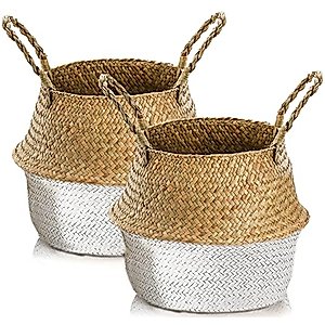 Yesland 2 Pcs Seagrass Plant Basket - Woven Picnic Basket with Handles - Ideal Belly Basket for Storage Plant Pot Basket, Laundry, Picnic, Plant Pot Cover, Beach Bag and Grocery Basket (L)
