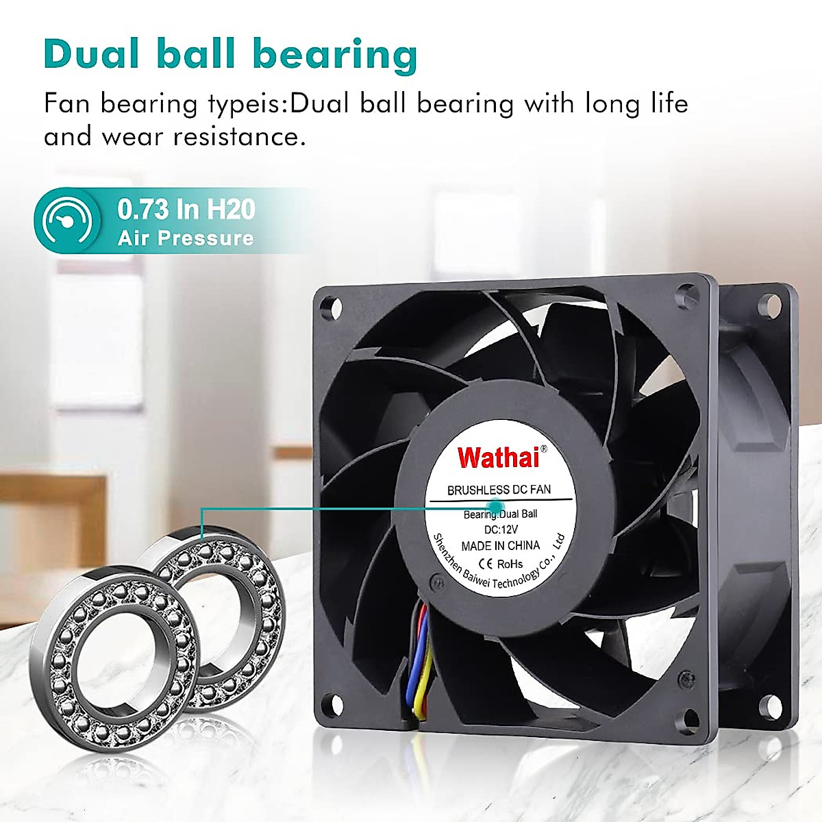 Wathai 80mm x 38mm High Static Pressure Fan 12V 4 Pin Dual Ball PWM 8038 High CFM for PC CPU Cooler GPU Server Computerc Case Cooling