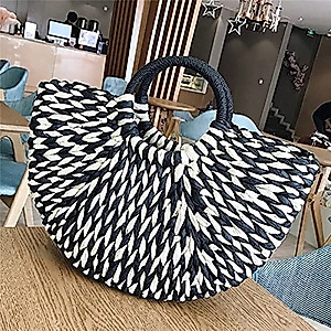 HBJE Women Handbag Rattan Wicker Straw Woven Half-round Bag Large Capacity Female Casual Travel Tote Fashion,Black white