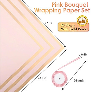 ROADPLUM 20 Sheets Flower Wrapping Paper, Pink Floral Wrapping Paper Bouquet Kit with 100 Pcs Diamond Bouquet Pins 60 Pcs 3D Gold Butterflies 1Roll Ribbon for DIY Craft Flower Wrapping Gift Packaging