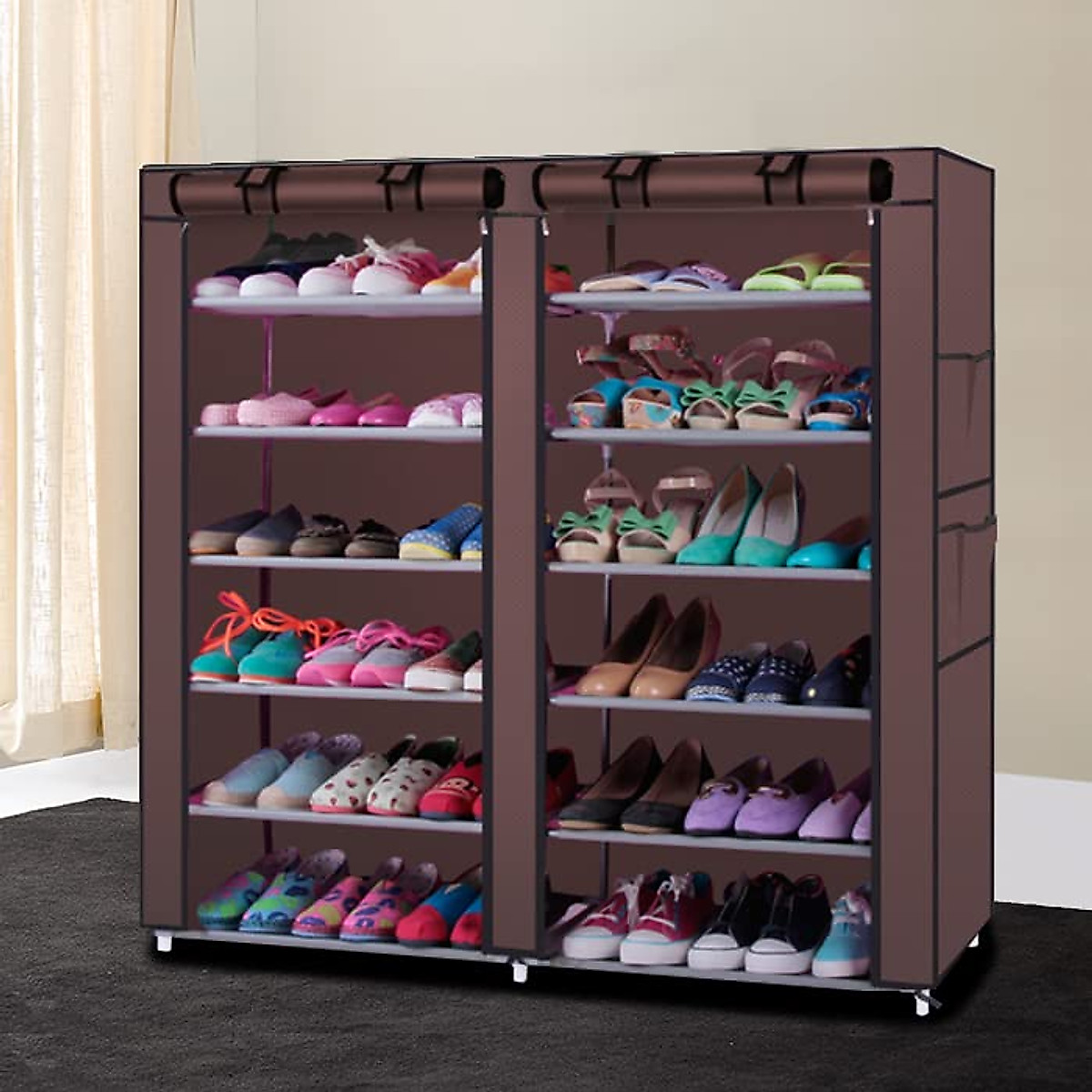 GOODSILO 6 Layer 12 Shelf Dual Rows Shoe Rack Shoe Storage Organizer Shoe Closet Cabinet with Fabric Cover for 36 Regular Size Pair Shoes, Bedroom, Wardrobe, Hallway, Entryway Coffee