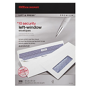 Office Depot 100% Recycled Lift Press(TM) Window Envelopes, 10 (4 1/8in. x 9 1/2in.), White, Pack Of 500, 76171
