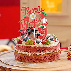 iNINGER Strawberry 5th Birthday Candle,Strawberry Number Happy Birthday Cake Topper Glitter Strawberry Cake Pick for Fruit Theme Baby Shower Kids Birthday Party Strawberry Cake Decorations Supplies