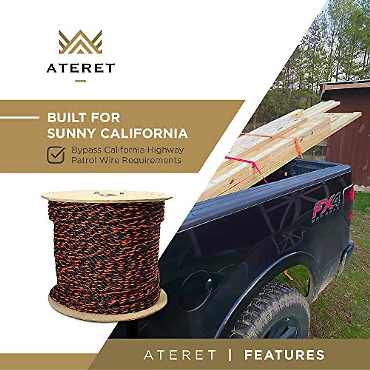 ATERET California Truck Rope - 1/4" x 50 Feet Twisted 3 Strands Polypropylene Rope - Ideal for Truck Cargo Straps, Marine, Boating