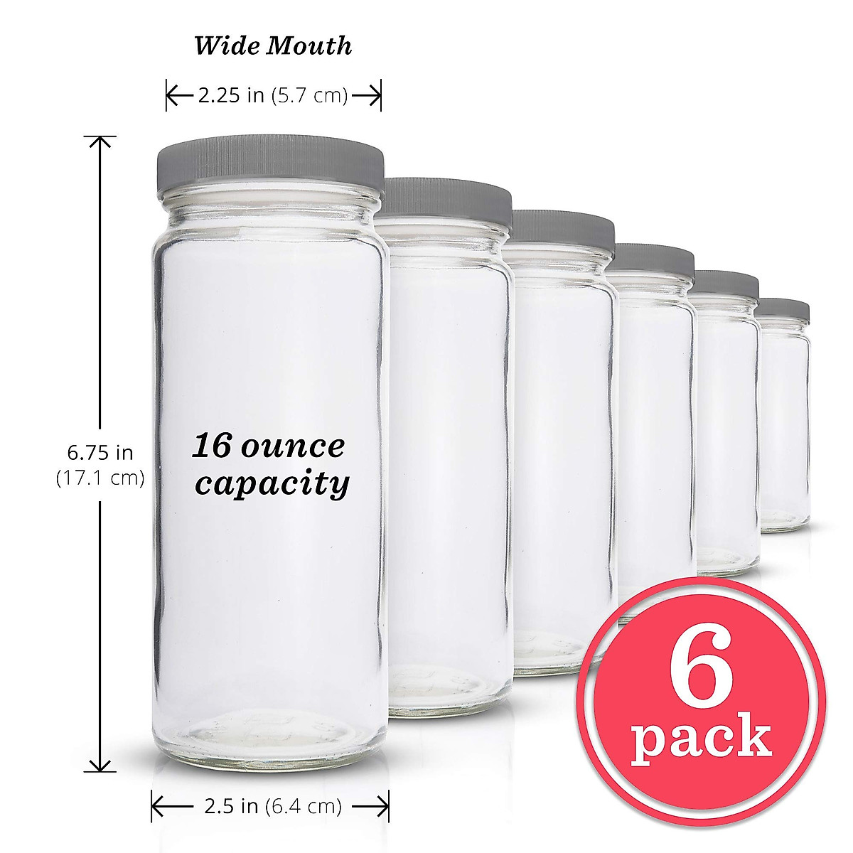 All About Juicing Clear Glass Water Bottles Set - 6 Pack Wide Mouth with Lids for Juice, Smoothies, Beverage Storage - 16 oz, Durable, Reusable, Dishwasher Safe, Leak Proof (Grey Caps)