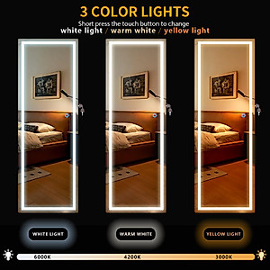 LVSOMT LED Wall/Door Mounted Jewelry Cabinet Armoire, Full Length Mirror with Lights, Lockable Storage Organizer, Over the Door Hanging Dressing Body Mirror (Wood)