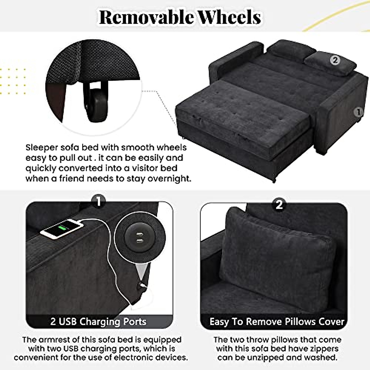 YUNLife&Home 65.7" Convertible Pull Out Sleeper Sofa Bed,Adjustable Loveseat Armchair Single Couch Chair with USB Port 2 Pillows for Living Room Apartment Small Space Furniture Set, Black