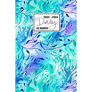 2023 - 2024: 18 Month Diary A5 Week to View on 2 Pages Weekly Journal Agenda WO2P Planner Jul 23 to Dec 24 Horizontal With Moon Phases, UK & US ... Aqua Blue Purple Abstract Watercolor Pattern