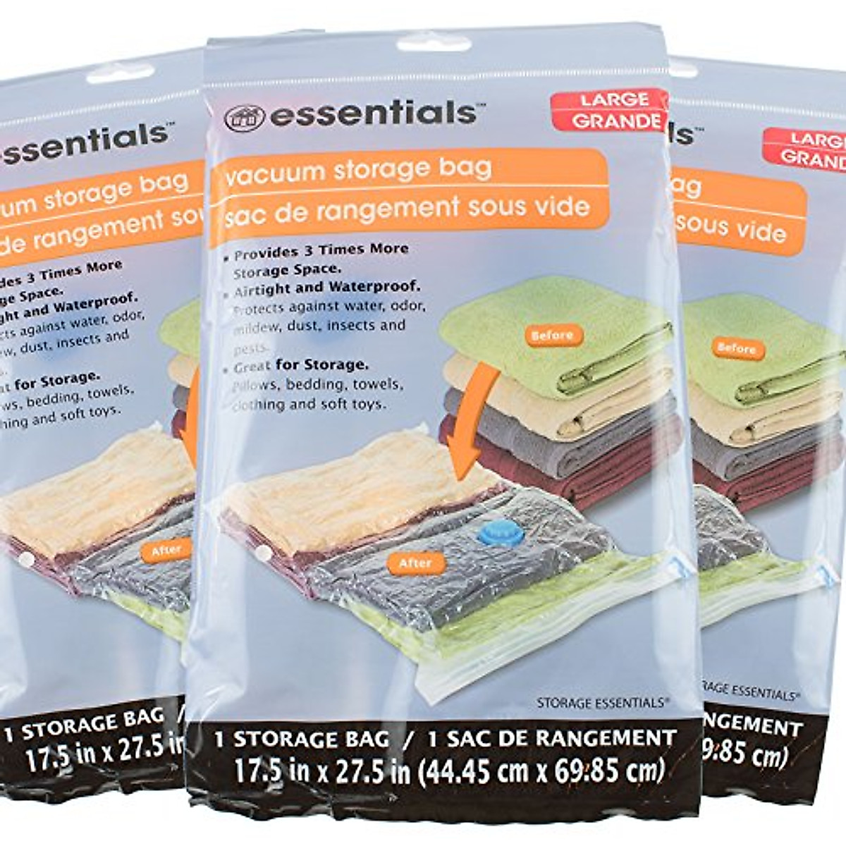 3 NEW ESSENTIALS Large VACUUM STORAGE BAG SPACE SAVER 17.5 in x 27.5 in