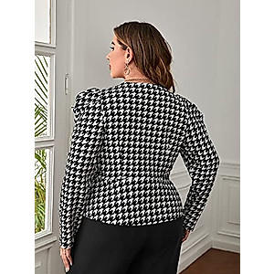 WDIRARA Women's Plus Size Houndstooth Print Long Puff Sleeve Open Front Jacket Blazer Black and White 3XL