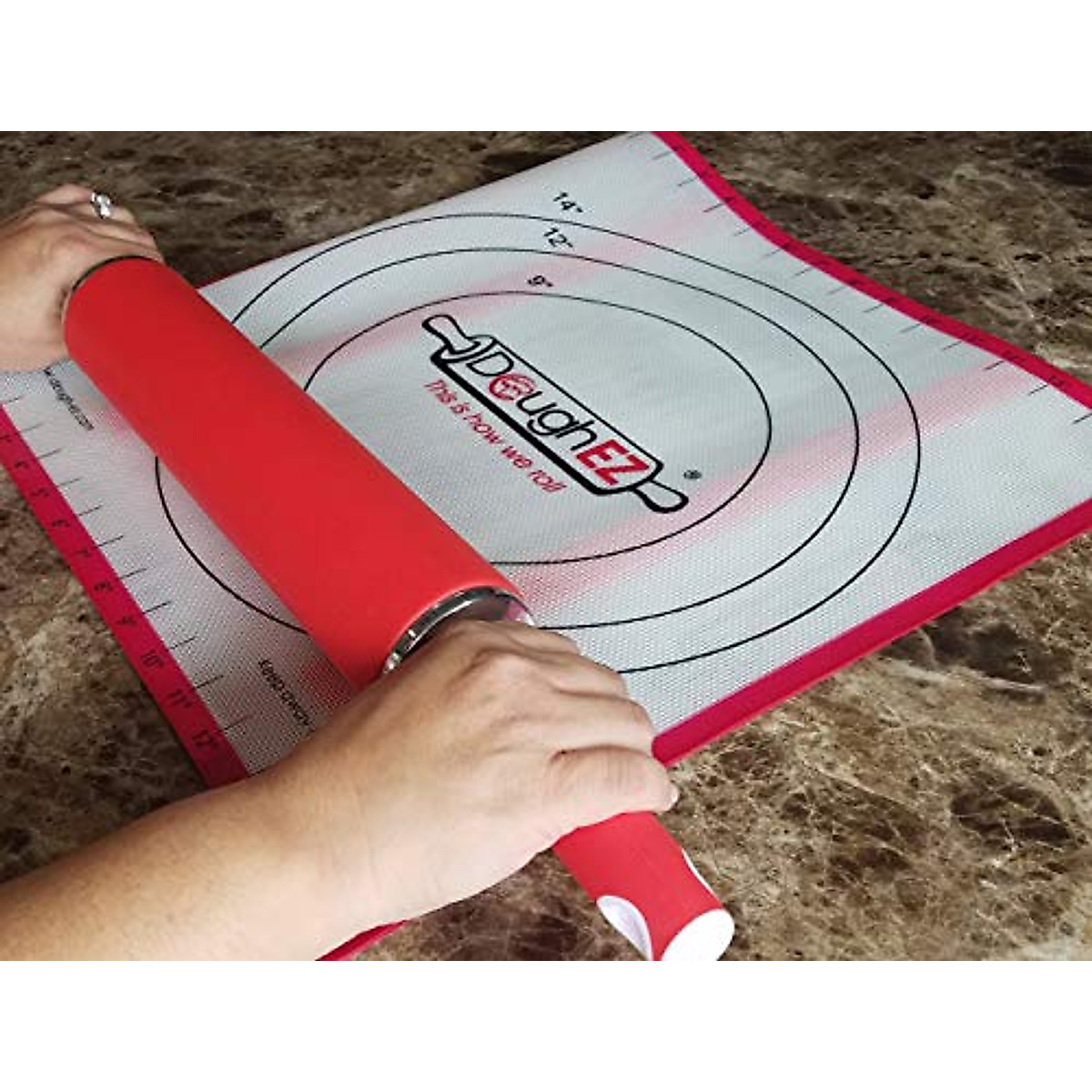 DoughEZ 21.5-Inch Non-Stick Silicone Rolling Pin with Contoured Handles, Dishwasher Safe, BPA Free, Red