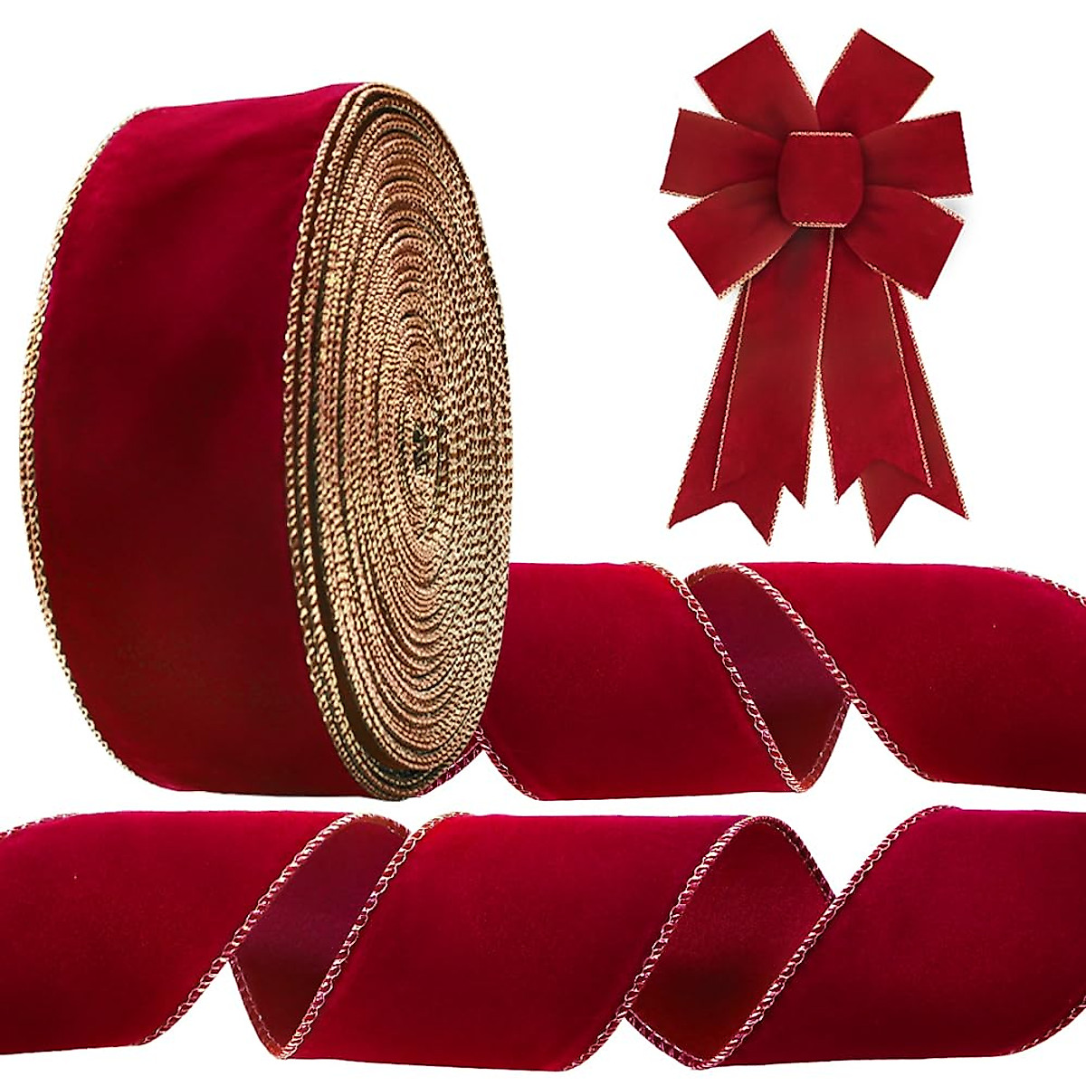 Threetols 50 Yards Red Velvet Wired Edge Ribbons, 2.5inch Red Velvet Solid Ribbon Gilt Edged Burlap Ribbon for New Year Birthday Party Wrapping DIY Craft Decoration Wreaths Bow