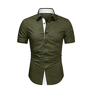 JMIERR Men's Casual Button Down Shirts Wrinkle-Free Short Sleeve Business Muscle Slim Fit Non Iron Dress Shirt for Men, XL, Olive Green