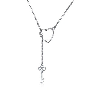 Presentski 925 Sterling Silver Y Lariat Necklace Chain Valentines Day Jewelry with Infinity Key Pendant,Love Heart Necklaces for Women Daughter