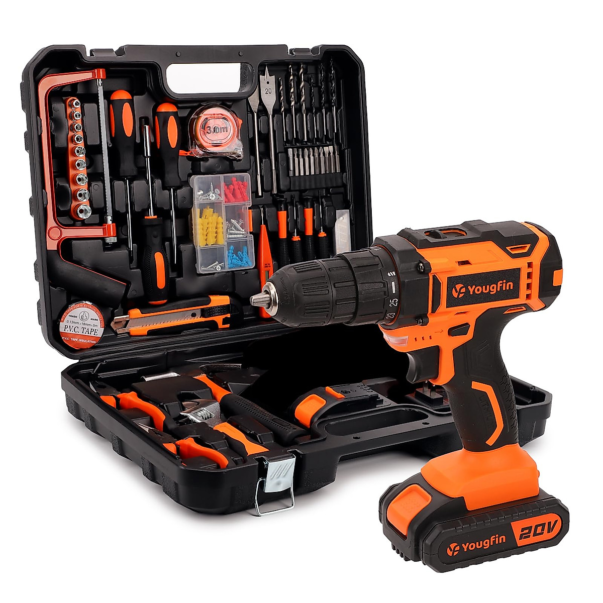 Yougfin Drill Sets Power Tool Combo Kit with 2 Batteries & Charger, 20V Battery Powered Cordless Drill Set with 114pcs Hand Tools, Tool Box with Electric Drill for Home