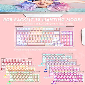 KOLMAX GK98 Wireless Gaming Keyboard,2.4G Rechargeable RGB Pink Gaming Keyboard,RGB Backlit Ergonomic 98 Keys Dual Color Mechanical Feeling Wireless Keyboard for Office Windows PC Mac Game PinkWhite