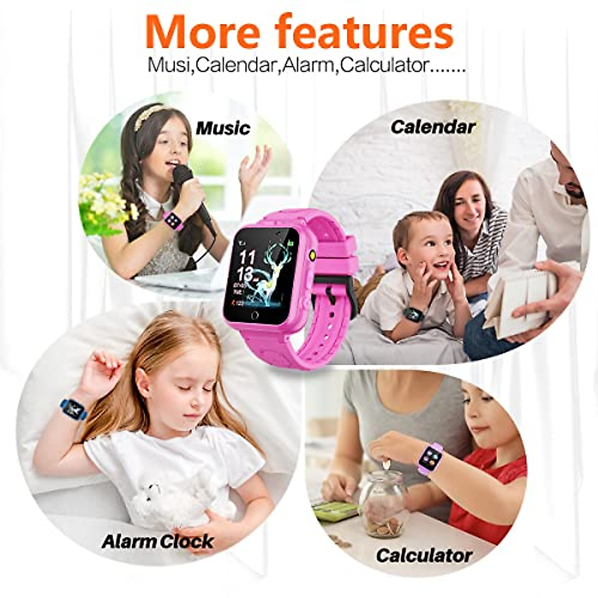 Retysaz Kids Game Smart Watch 24 Game Pedometer 2 HD Cameras Smartwatches for Children 3-14 Great Gifts to Girls Boys Electronic Learning Toys (Pink-A1)