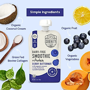 Serenity Kids 6+ Months Dairy-Free Smoothie Baby Food | USDA Organic | Grass Fed Collagen Protein | 3.5 Ounce BPA-Free Pouch | Berry Butternut | 12 Count