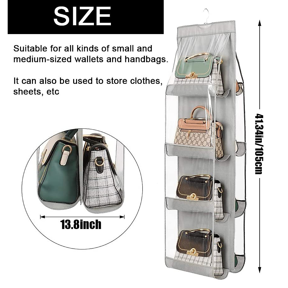 ZB.soar Handbag Purse Organizer, 8 Pockets, Dust Proof Purse Organizer Closet, Wardrobe Closet Organizer, Washable Handbag Organizer for Women Small and Medium Size Handbags Purse (Grey)