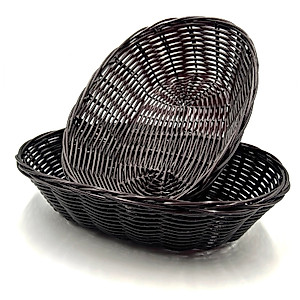 Cheardia 12 Pack Plastic Oval Basket, 8.6 X 6.3 X 2.1 Inch Woven Bread Baskets for Serving Small Empty Gift Baskets, Imitation Rattan Basket for Kitchen Restaurant Centerpiece Display - Dark Brown