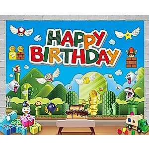 DIZHI Super Bros Happy Birthday Party Decorations Supplies for Boy Adventure Theme Cartoon Video Game Banner Children Happy Birthday Party Decor Supplies Photography Poster Backdrop 5x3ft