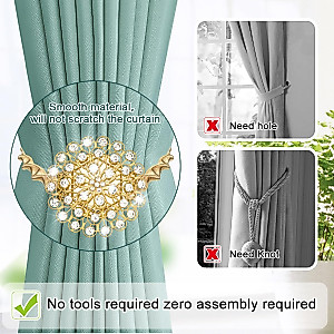 AULEEP Magnetic Curtain Tiebacks, 4 Pack Magnetic Crystal Decorative Drapes Curtain Clips Buckle, Flower Curtain Tie Back, European and American Style (Gold)