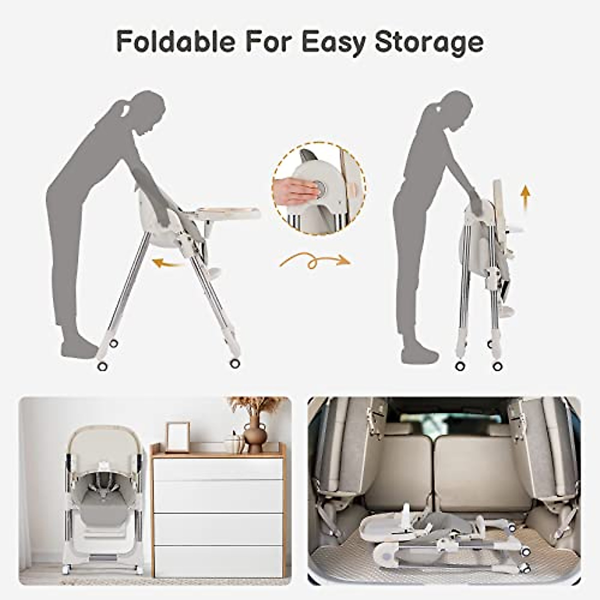 Ezebaby Baby High Chair, Portable High Chair with Adjustable Heigh and Recline, Foldable High Chair for Babies and Toddler with 4 Wheels, High Chair for Toddlers with Removable Tray-(Grey)