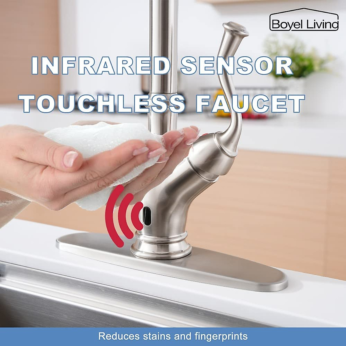 Boyel Living Touchless Kitchen Faucets with Pull Down Sprayer in Brushed Nickel,Stainless Steel，3 Function Water Outlet Sink Faucet with Flexible Hose