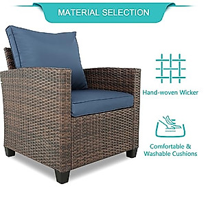 Furnimy 3 Pieces Patio Furniture Set Rattan Outdoor Sectional Conversation Sets 2 Single Chair w/Washable Cushion and Tempered Glass Tabletop for Balcony, Garden, Backyard(Brown+Navy Blue)